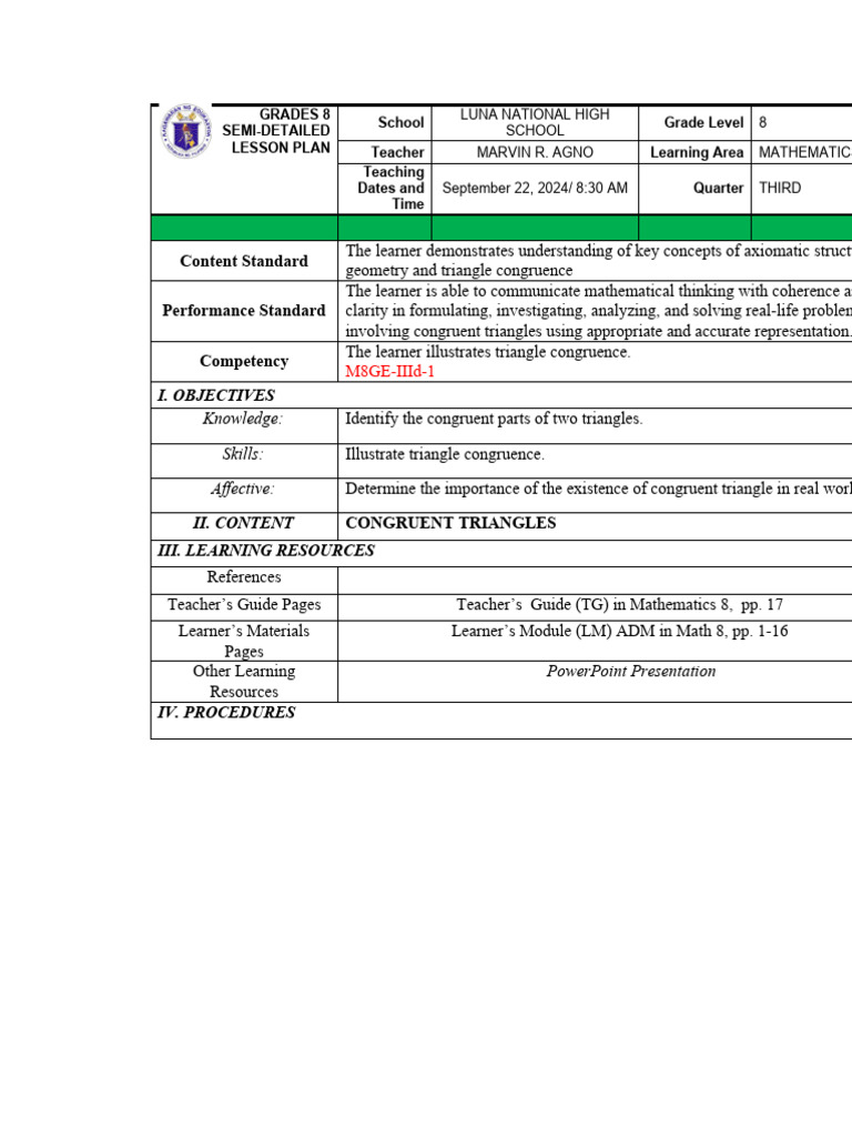Lesson Plan - Math8 - Q3 - Day 3 Congruent Triangle | PDF | Triangle ...