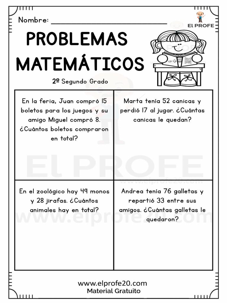 Cuadernillo de Problemas Matemáticos para Segundo Grado Elprofe20 | PDF