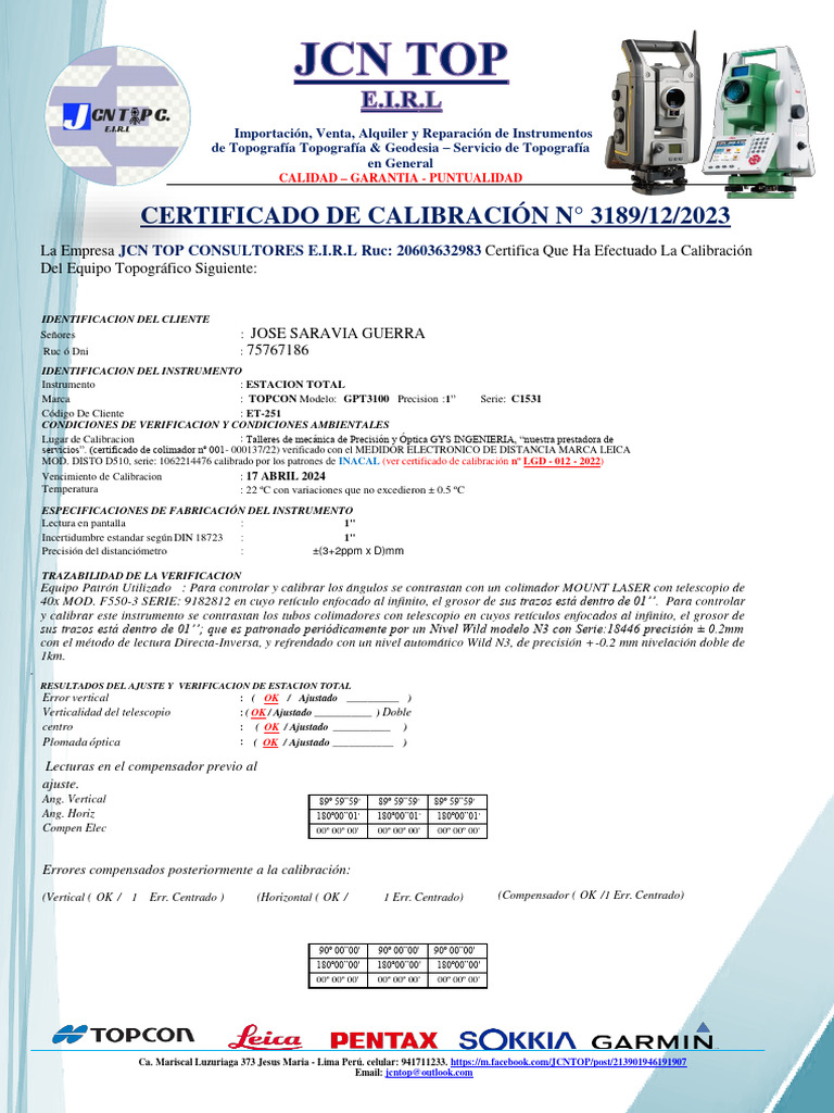 Cert. E.T Saravia | PDF | Calibración | Instrumento de medición