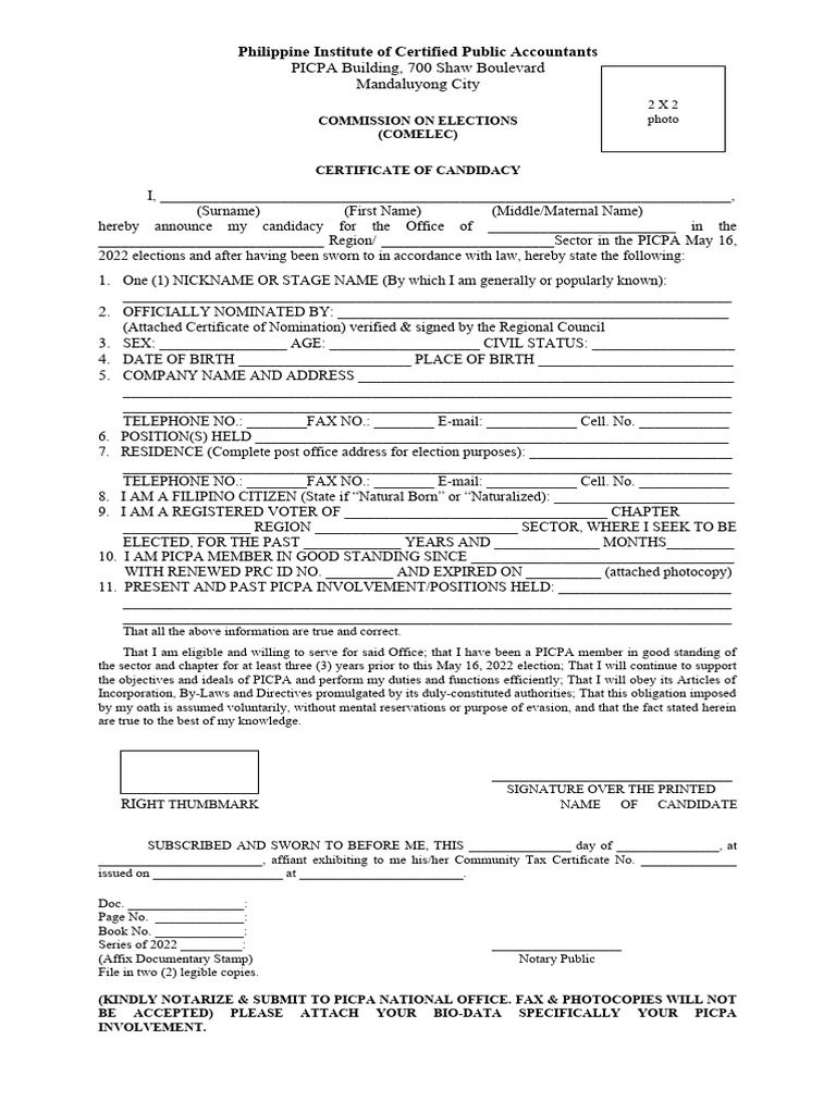 Certificate of Candidacy 1 | PDF | Notary Public | Government