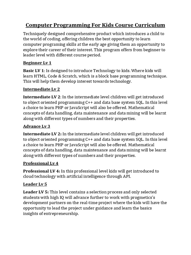 Computer Programming For Kids Course Curriculum | PDF