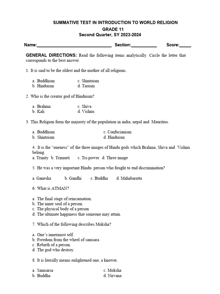 2nd Exam Intro To World Religion Exam PDF Free | PDF | Shinto | Nirvana