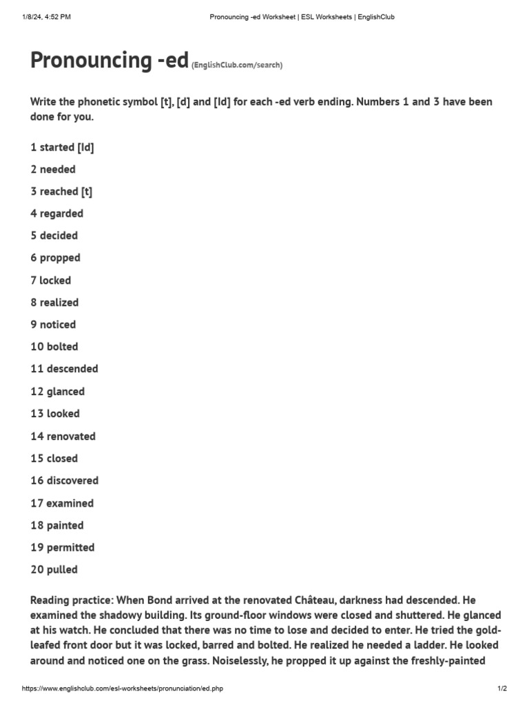 Pronouncing - Ed Worksheet - ESL Worksheets - EnglishClub | PDF