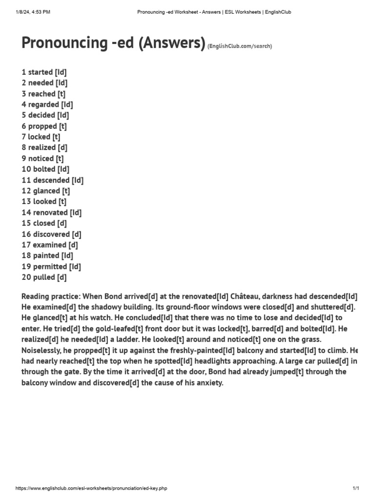 Pronouncing - Ed Worksheet - Answers - ESL Worksheets - EnglishClub ...