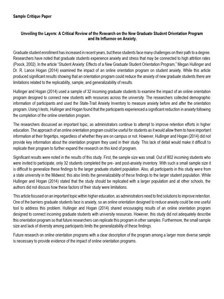 Sample Critique Paper. | PDF | Anxiety | Psychology