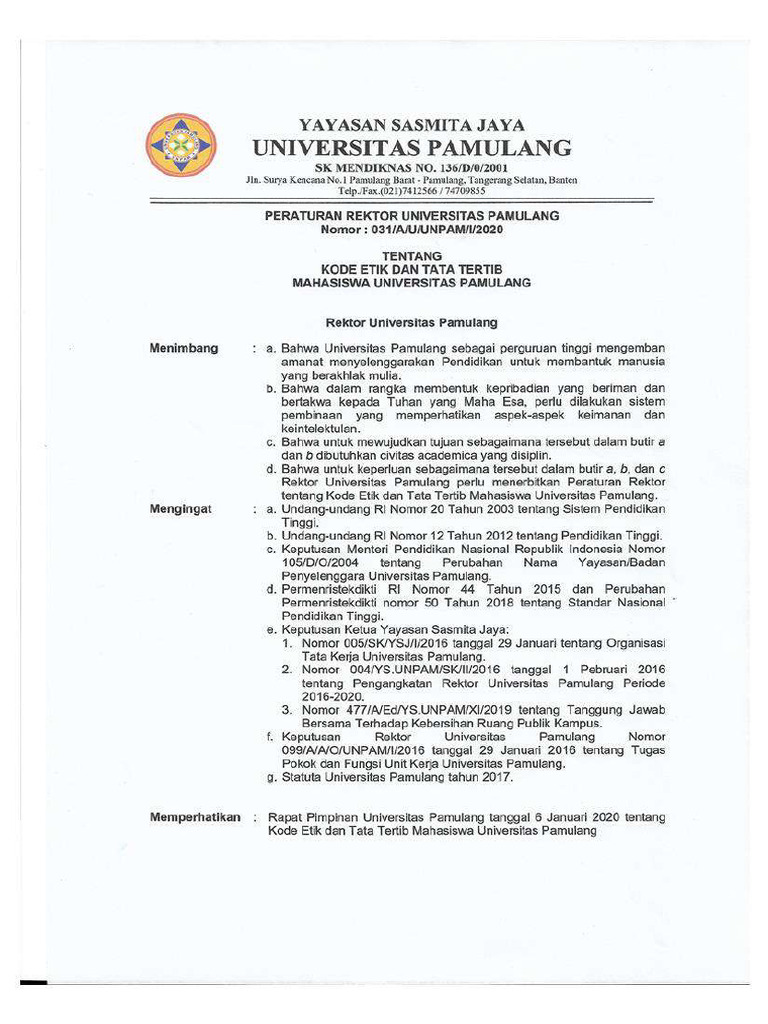 Kode Etik Mahasiswa Unpam-1 | PDF