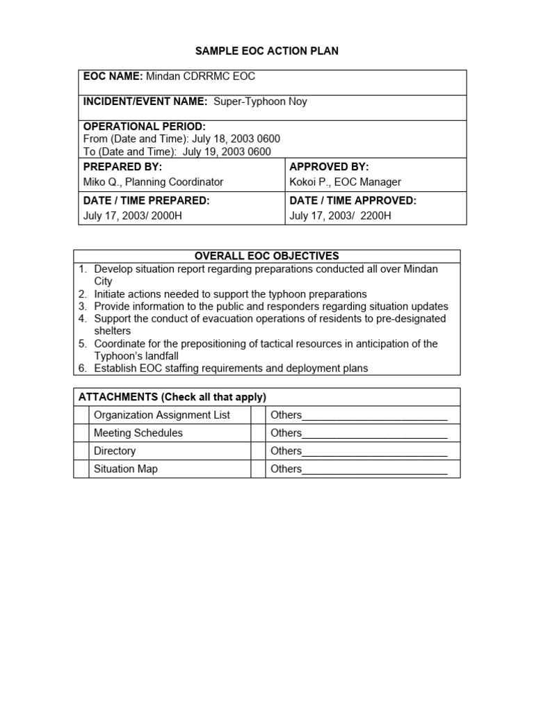 Module 7 - Sample EOC Action Plan For Super Typhoon Noy | PDF