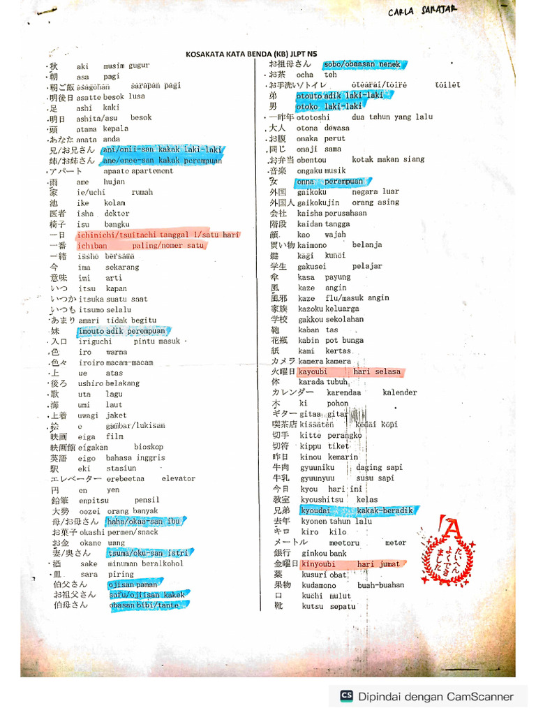 Kosakata Kata Benda (KB) JLPT N5 | PDF
