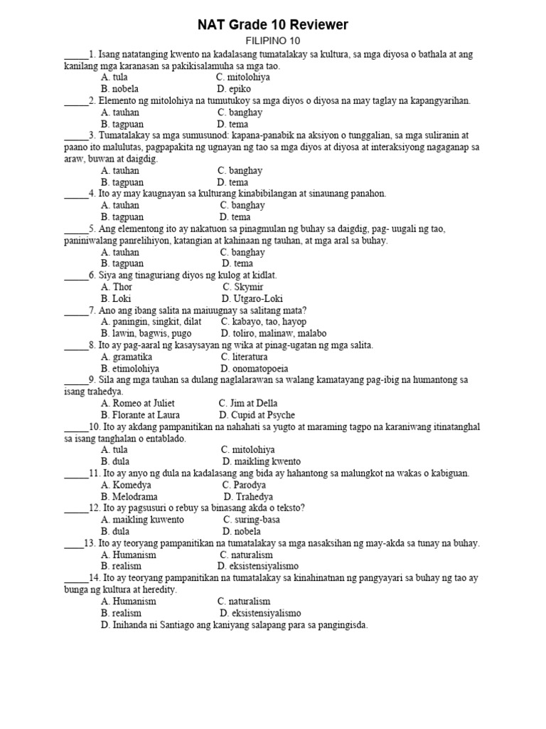 NAT Grade 10 Reviewer (Filipino) Part 2 | PDF