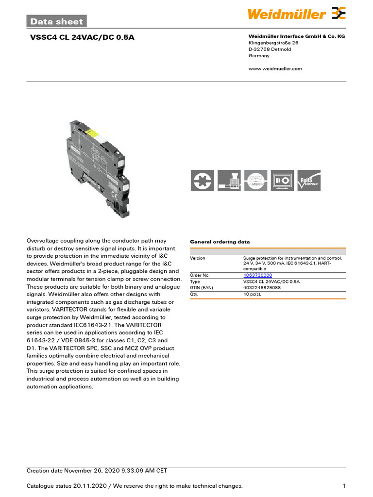 Weidmuller - VSSC4 - Data Sheet | PDF | Electricity | Electromagnetism