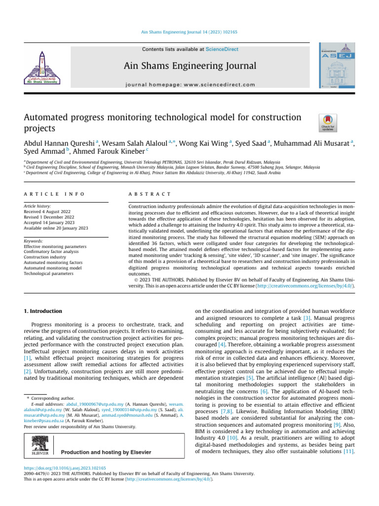 Automated Progress Monitoring Technological Model F 2023 Ain Shams Engineeri | PDF | Augmented ...