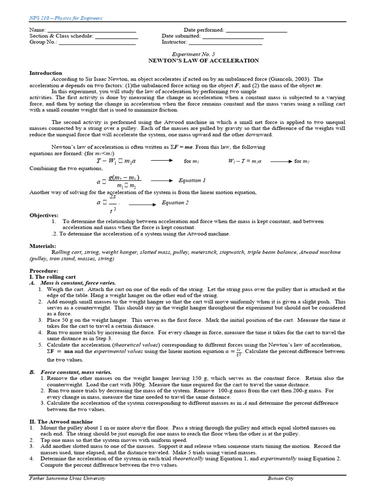 Newton's Law of Acceleration Experiment | PDF | Force | Tension (Physics)
