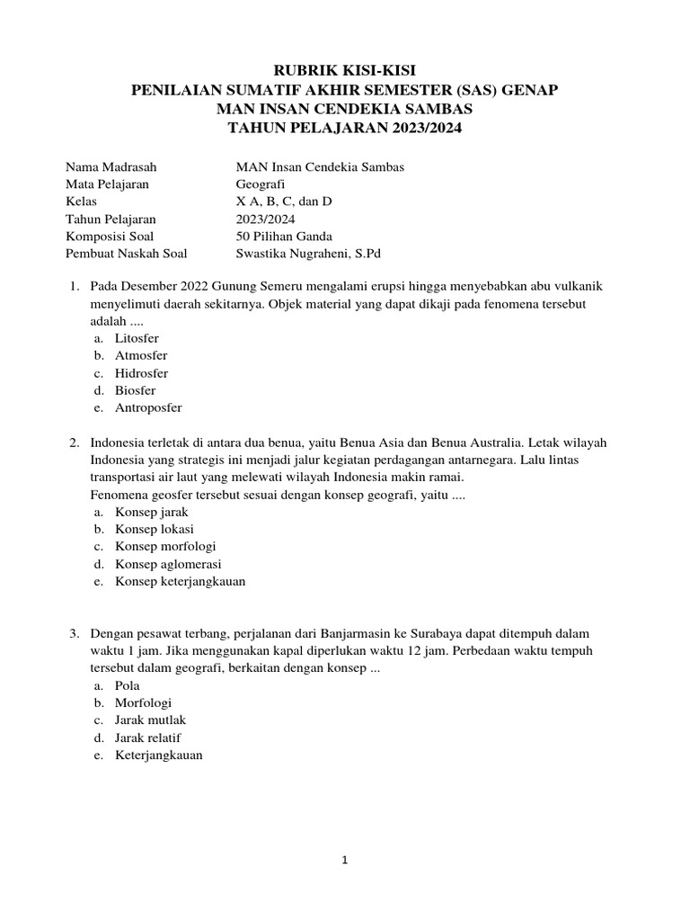 Soal Sas Kelas 10 - Ganjil - 2023 - 2024 | PDF