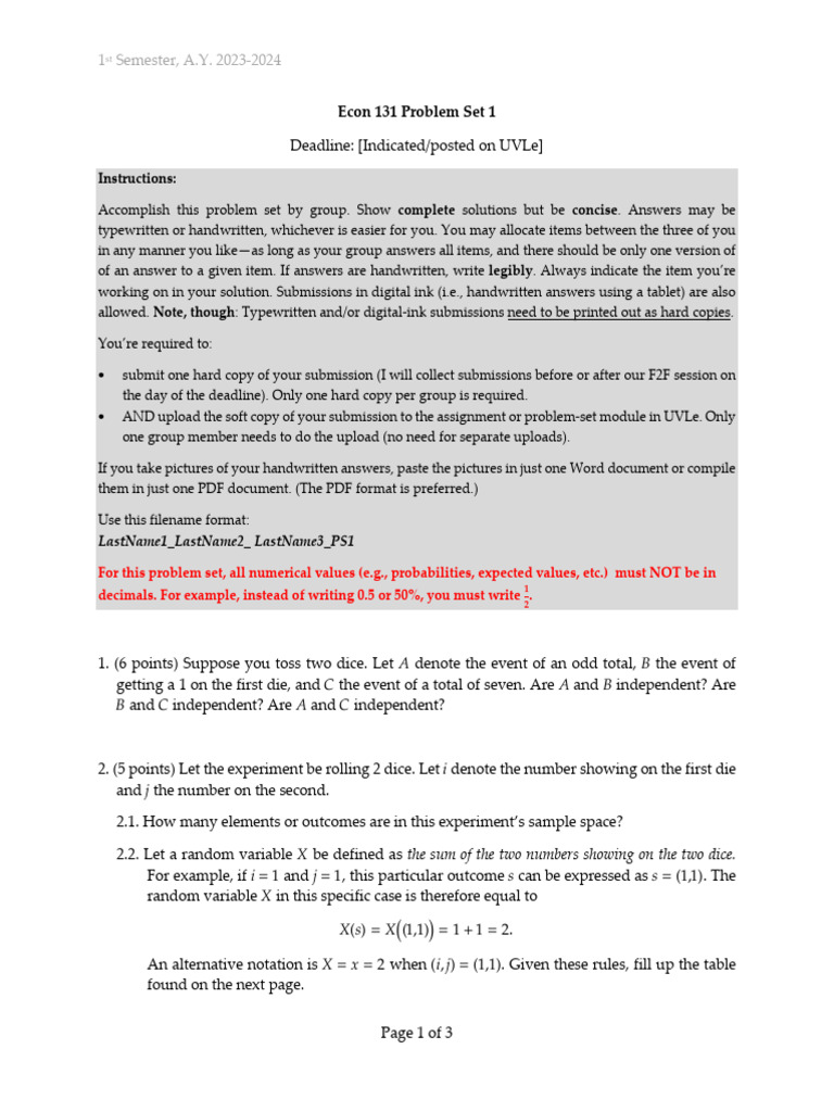 Econ 131 Problem Set 1 Guide | PDF | Random Variable | Probability Theory