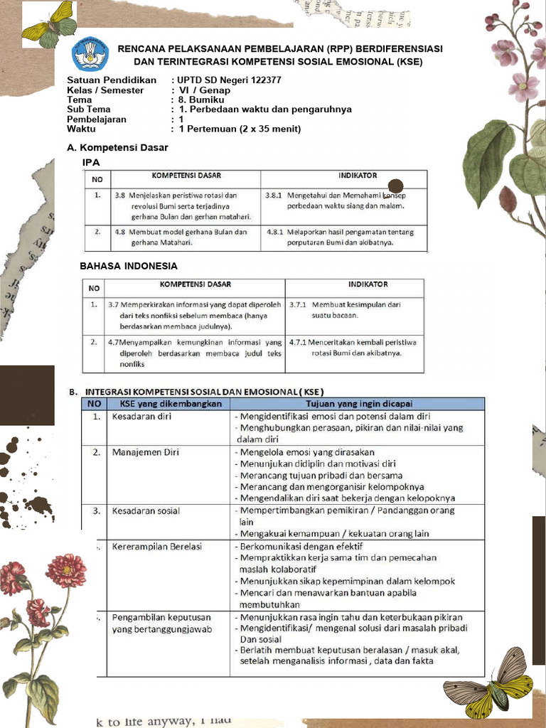 RPP Berdiferensiasi Dan Terintegrasi Dengan Kse Tema 8 ST 1 Kls 6 - Compressed | PDF