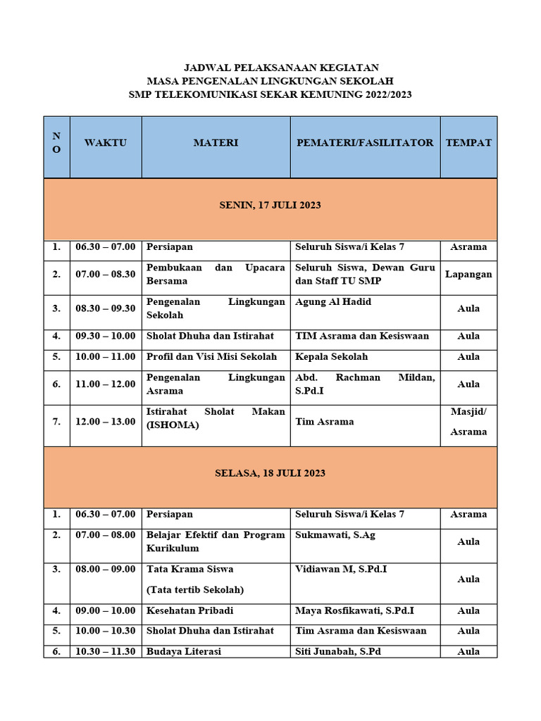 Jadwal Pelaksanaan Kegiatan MPLS | PDF