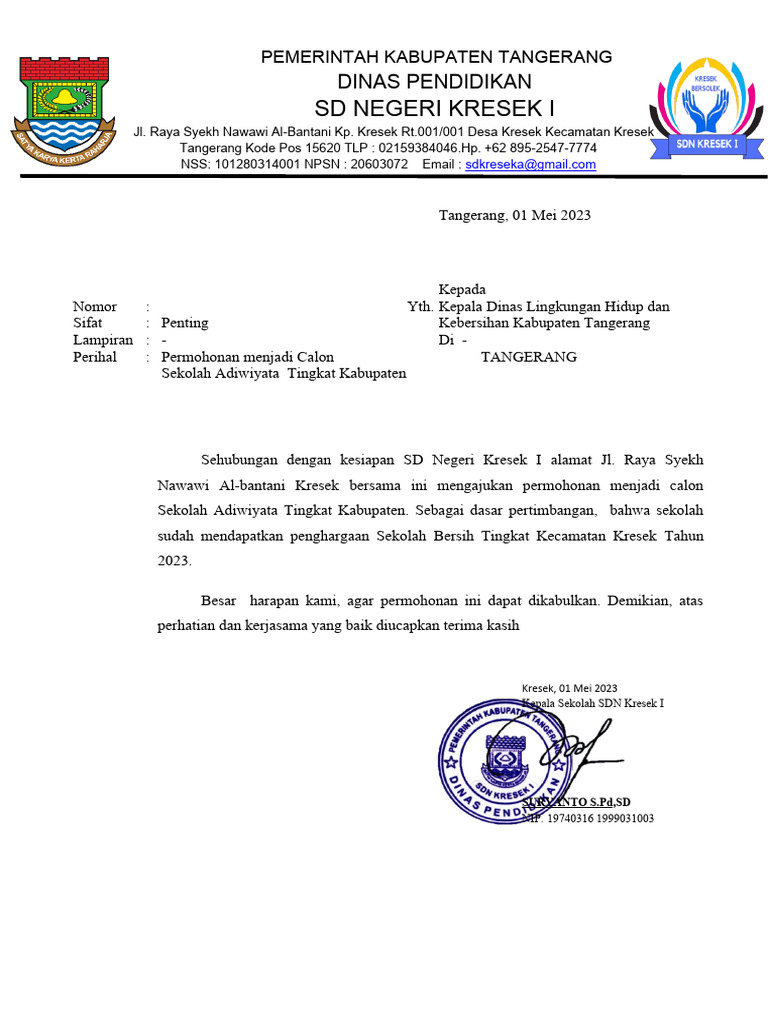 Surat Permohonan Sekolah Adiwiyata | PDF Surat Permohonan Sekolah Adiwiyata | PDF