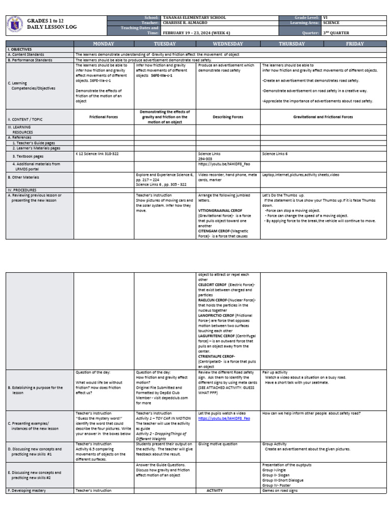 DLL - Science 6 - Q3 - W4 | PDF | Force | Differentiated Instruction