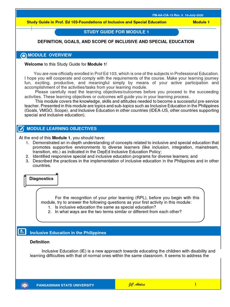 Module 1 - Prof ED 103 | PDF | Inclusion (Education) | Special Education