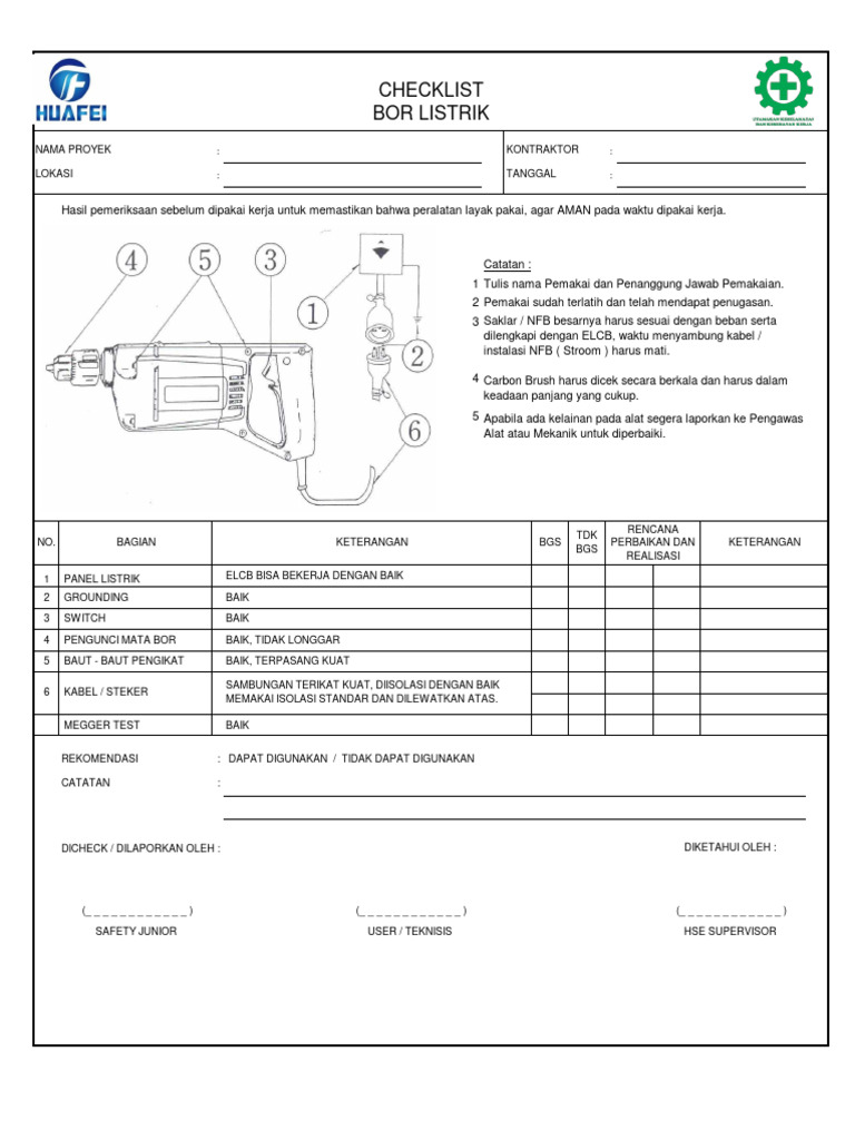 Form Checklist Inspeksi Bor Listrik | PDF