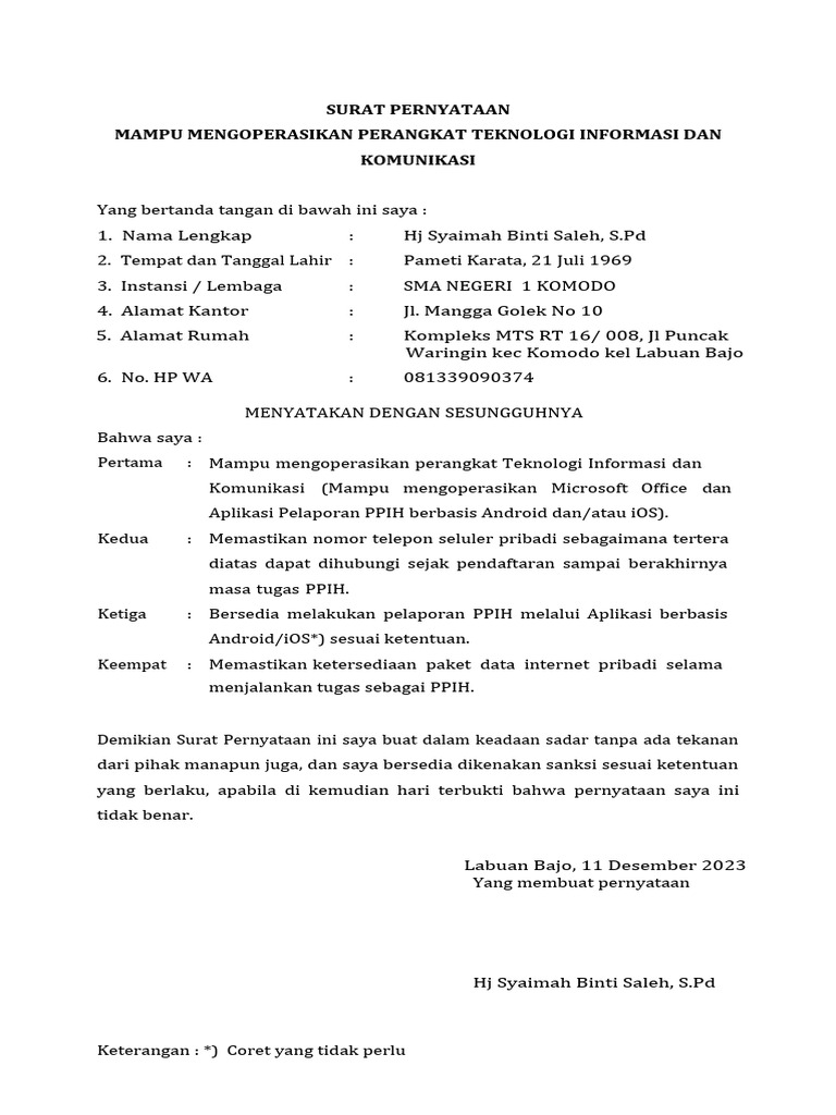 Contoh Surat Pernyataan | PDF