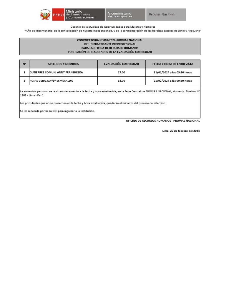 Resultado Eval. Curricular Practicas Preprofesionales N°001-2024 | PDF
