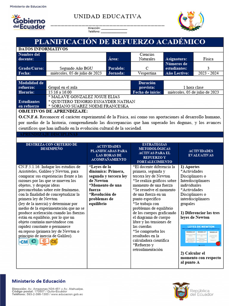 Planificación de Refuerzo 2do Bgu C Fís 2023-2024 Video | PDF | Las leyes del movimiento de ...