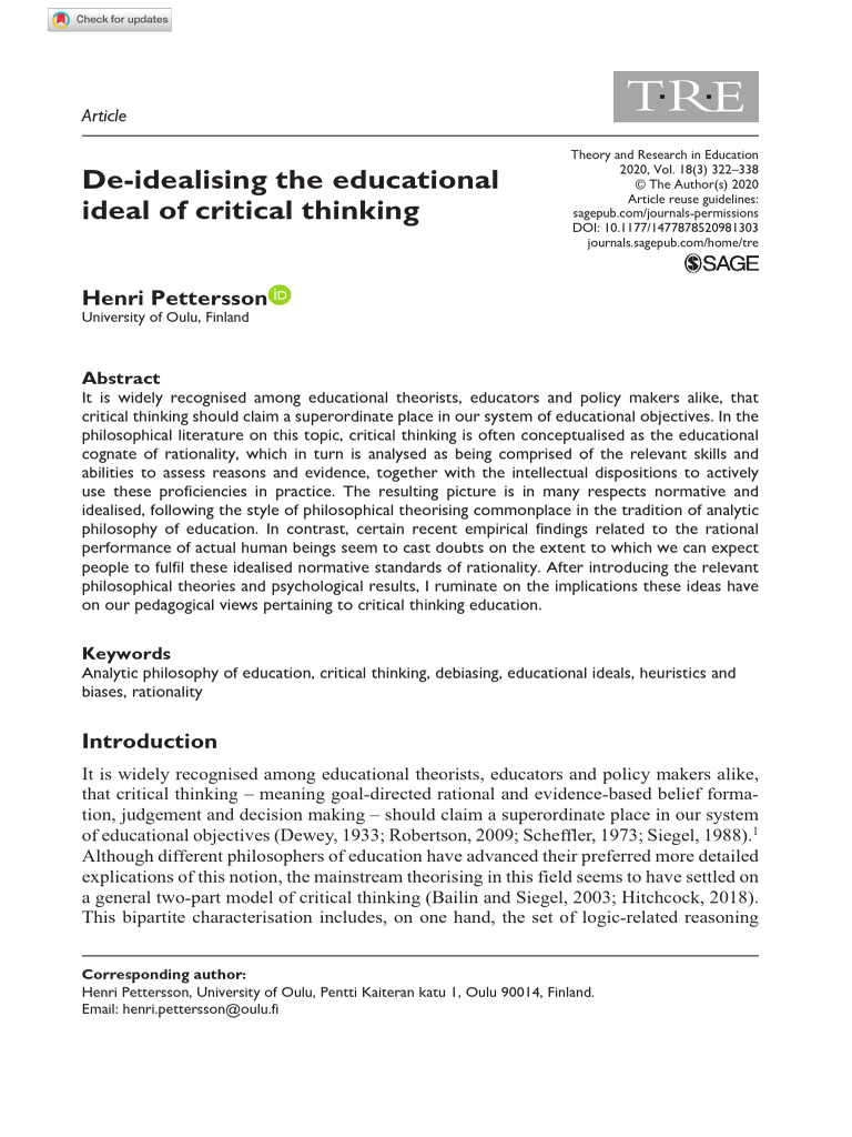 Pettersson 2020 de Idealising The Educational Ideal of Critical Thinking | PDF | Thought ...