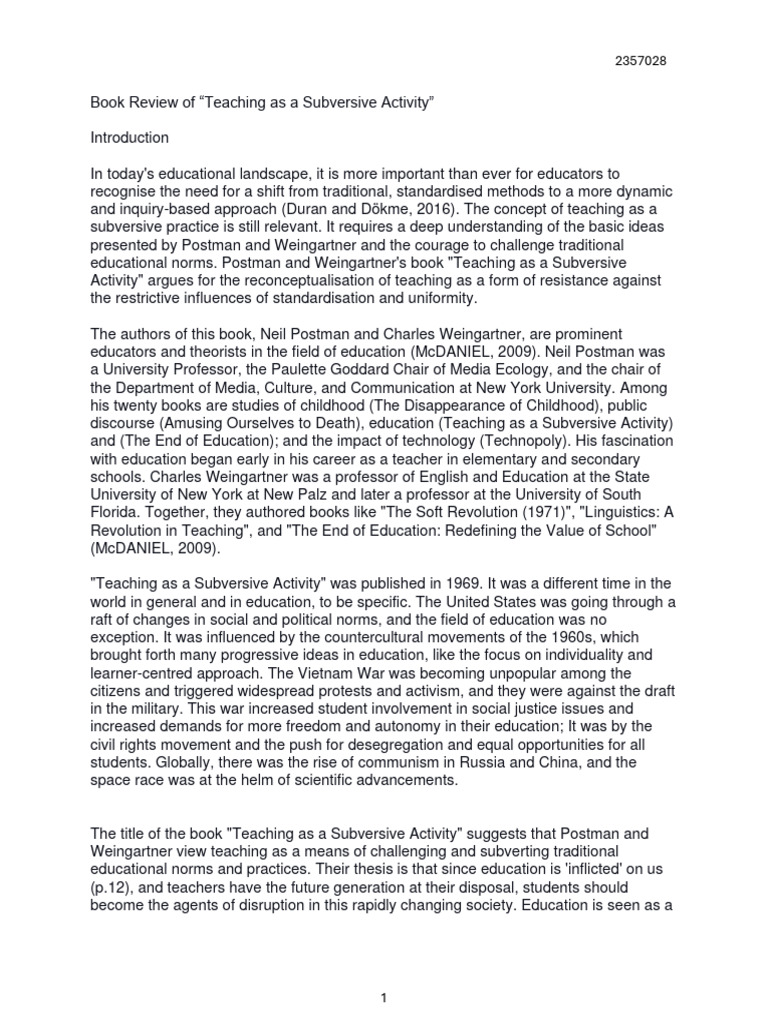 Teaching as Subversive Activity Review | PDF | Critical Thinking | Thought