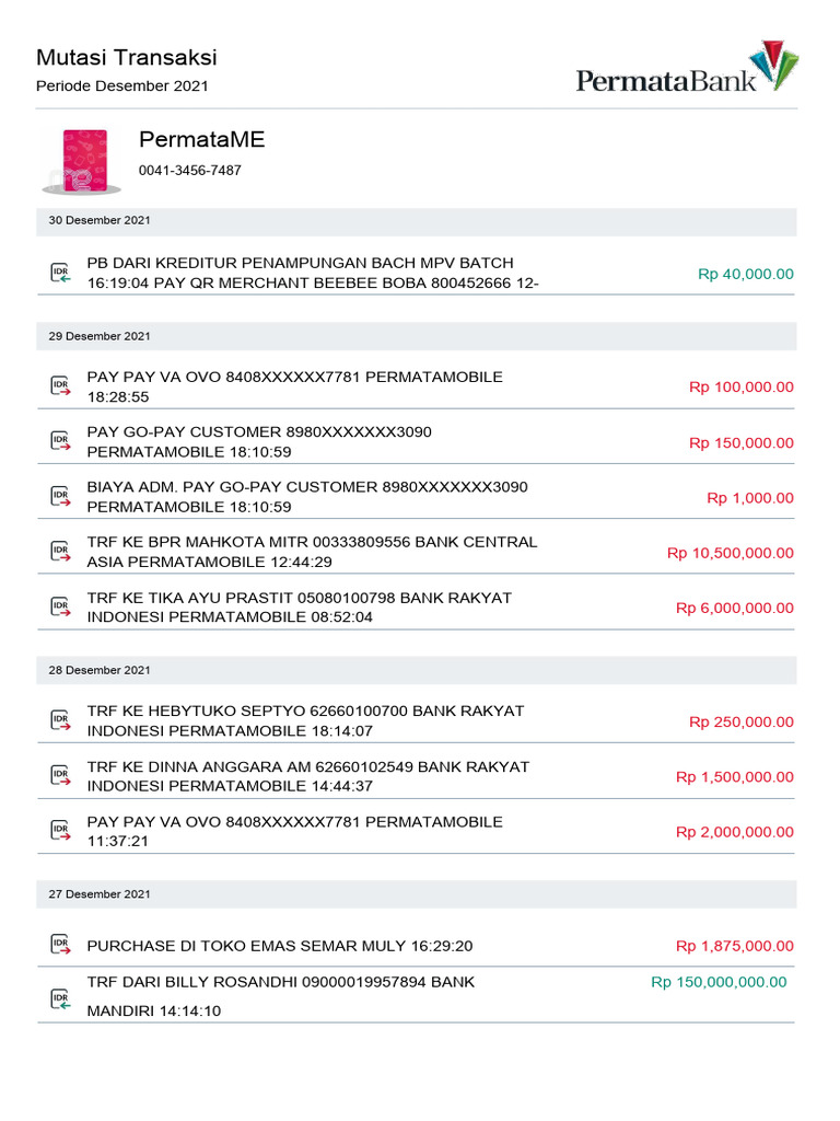 Mutasi Transaksi - PermataMe7487 - 1752022501 Januari Bili | PDF | Banking