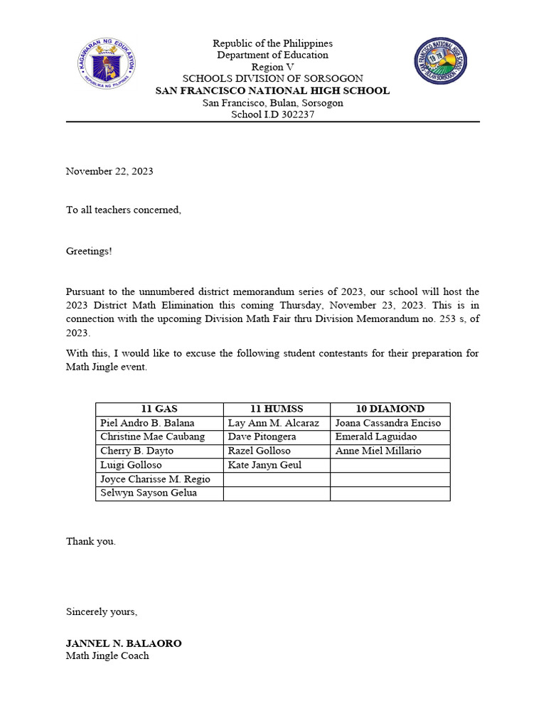 Math Elimination Participation Notice | PDF