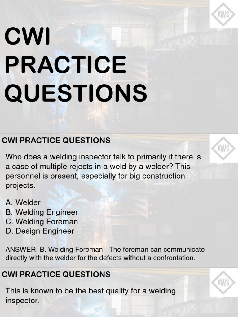 CWI Practice Questions Set 1 Welding Inspector | PDF | Nondestructive ...