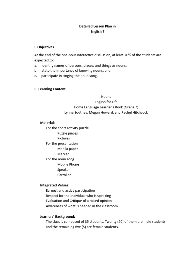Detailed Lesson Plan in English 7 FINAL | PDF | Lesson Plan | Learning