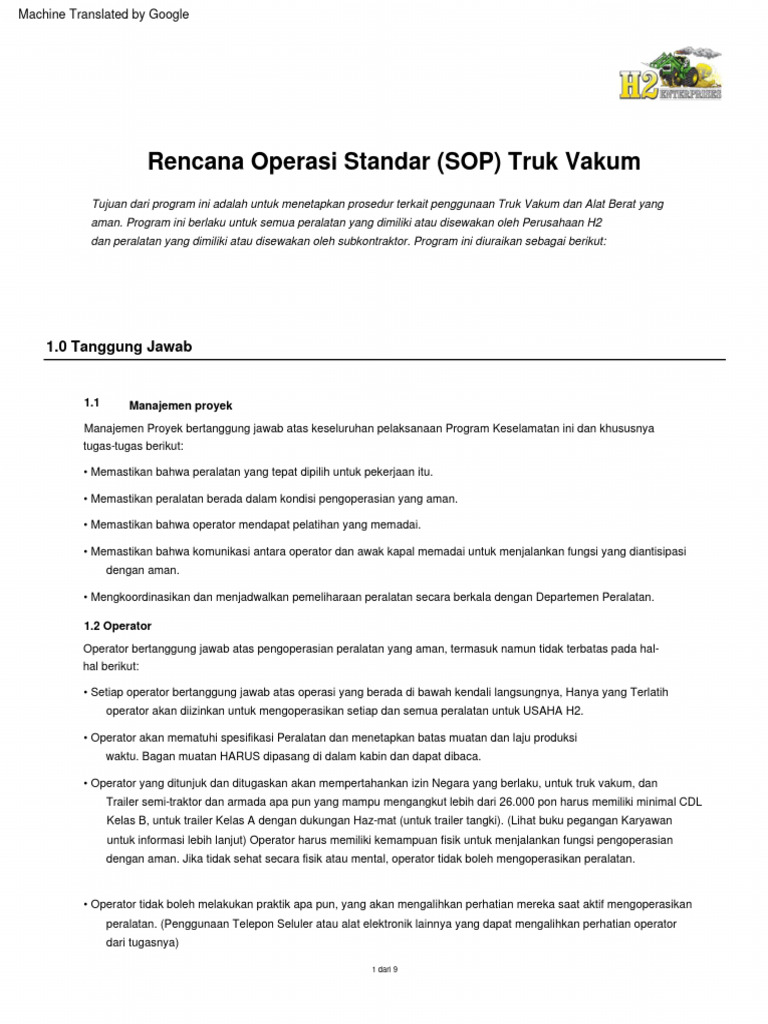 H2-Vacuum-Truck-and-Heavy-Equipment-SOP-1-2 (Translate) | PDF