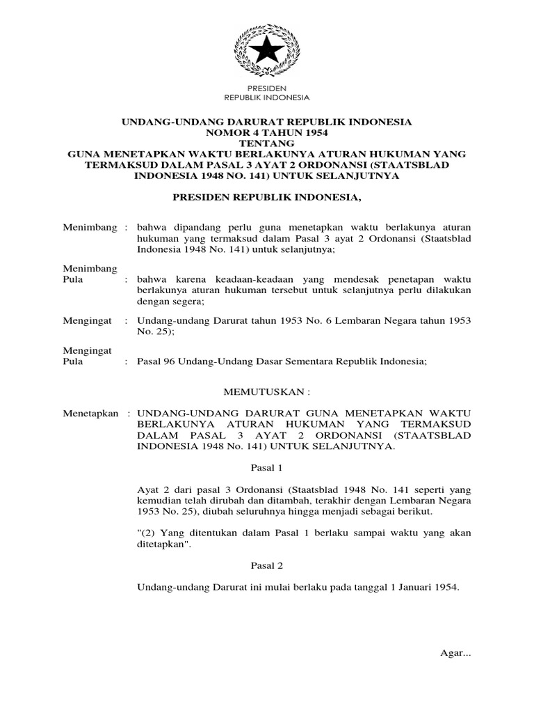 UU Darurat Nomor 4 Tahun 1954 | PDF