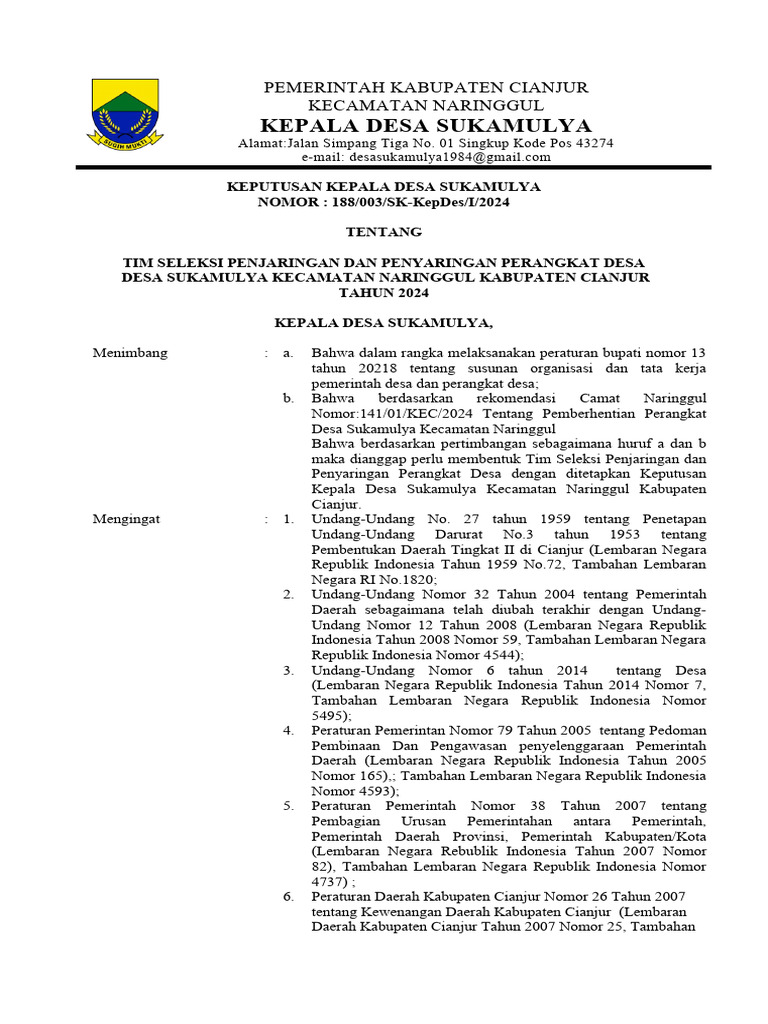 SK Tim Seleksi Perangkat Desa 2024 | PDF