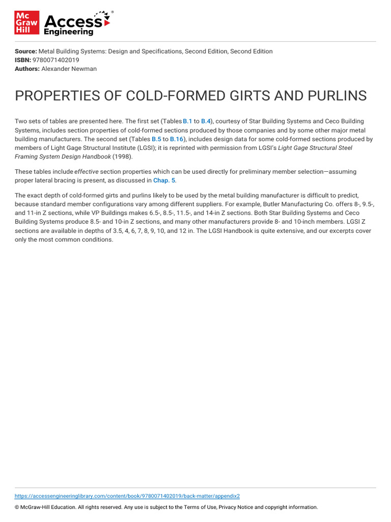 Properties of Cold Formed Girts and Purlins | PDF | Bending | Information
