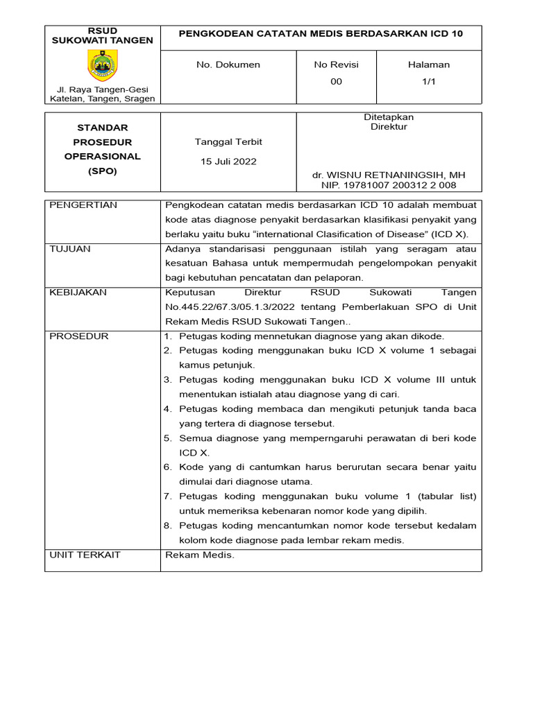 SOP Pengkodean Catatan Medis Berdasarkan ICD 10 | PDF SOP Pengkodean Catatan Medis Berdasarkan ICD 10 | PDF