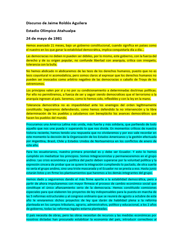 Discurso de Jaime Roldós Aguilera | PDF | Democracia | Ideologías políticas