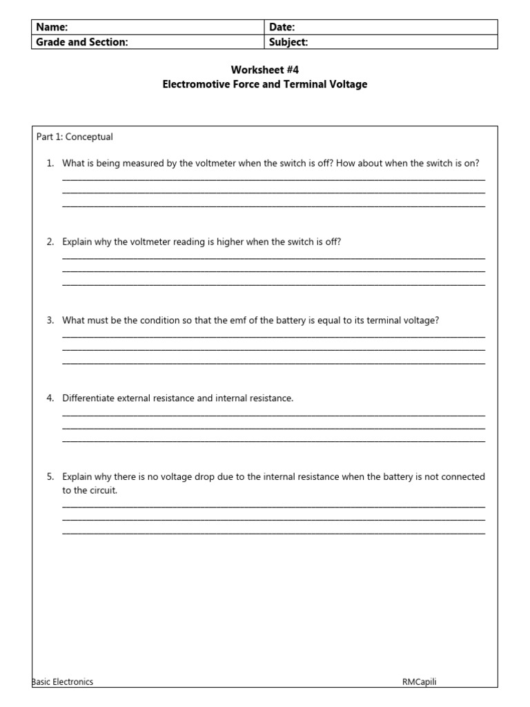 Electromotive Force & Voltage Worksheet | PDF | Voltage | Physical Sciences