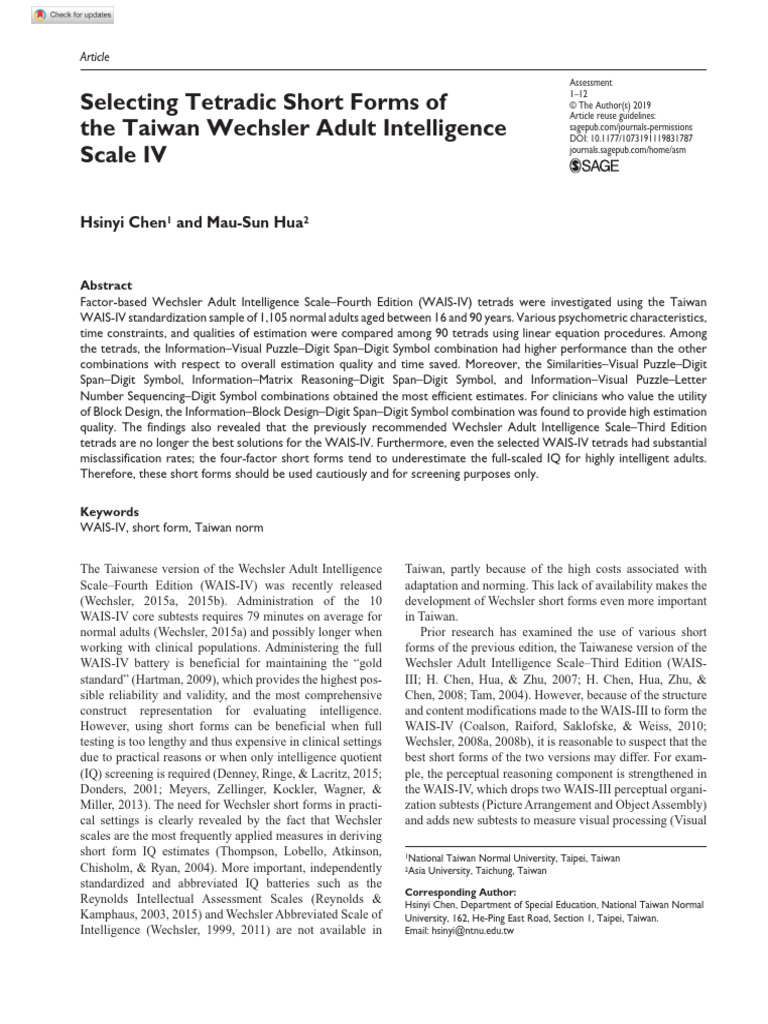 Selecting Tetradic Short Forms of The Taiwan Wechsler Adult ...