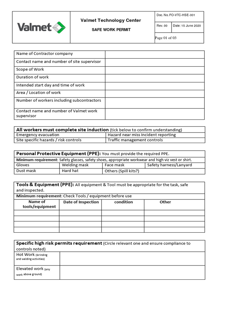 Valmet Safe Work Permit Guidelines | PDF | Personal Protective ...