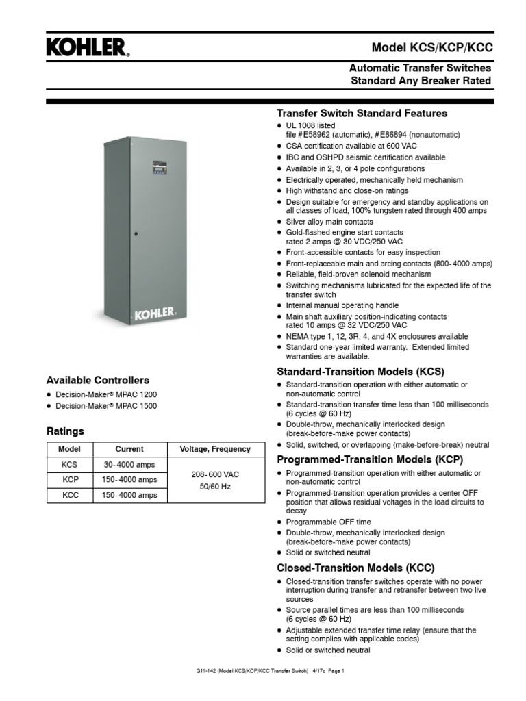 Kohler Ats KCS KCP - SS | PDF | Switch | Relay