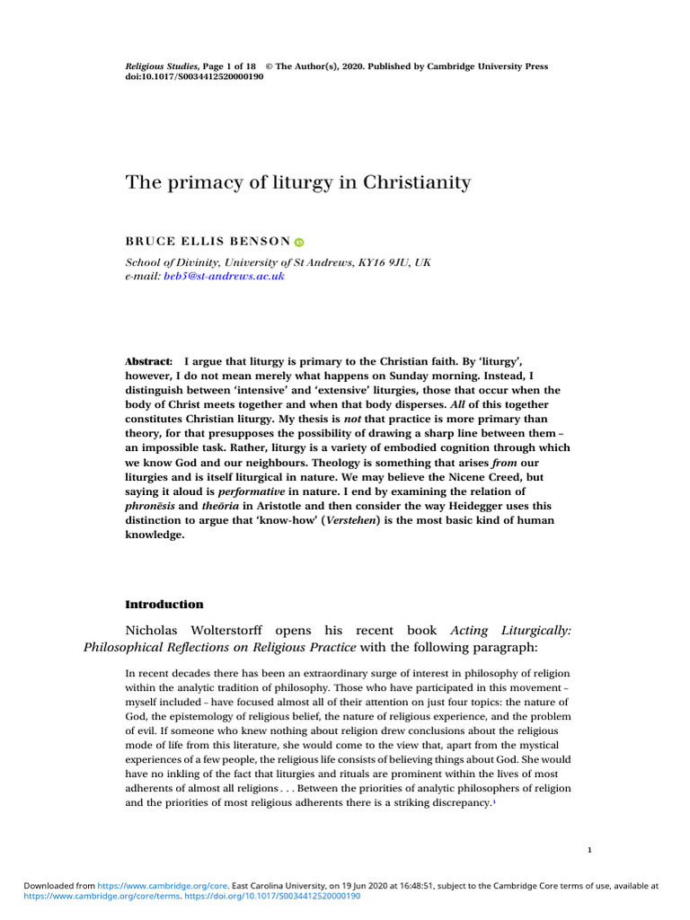 BENSON. B. E. (2020) The Primacy of Liturgy in Christianity (Art) | PDF ...