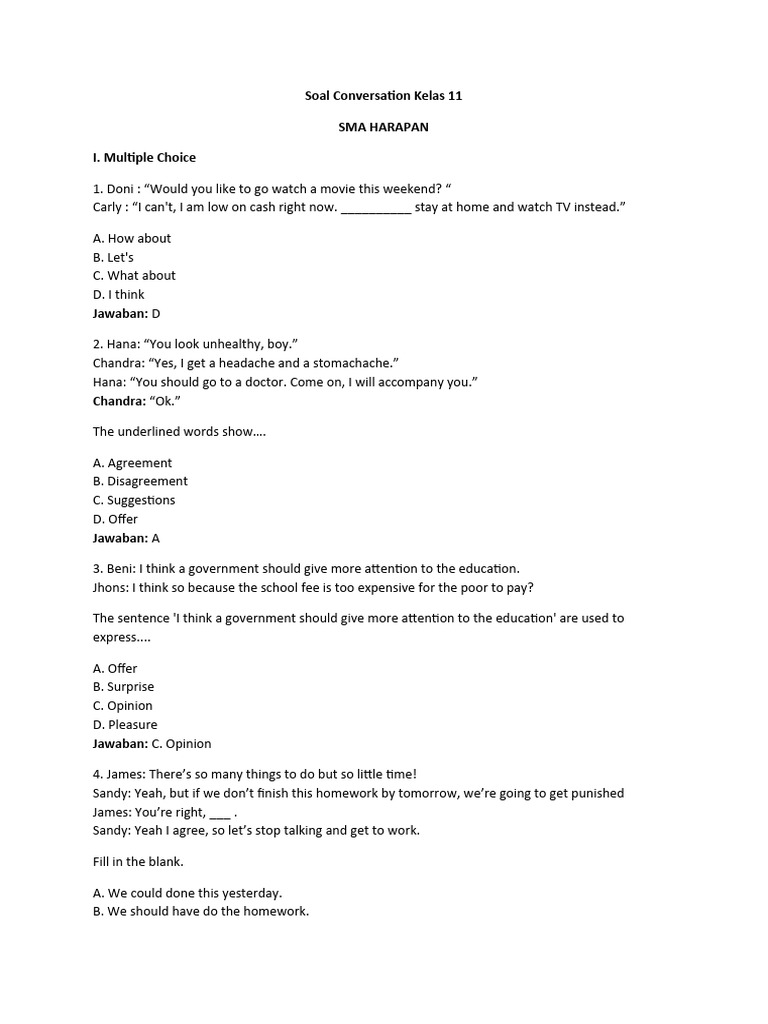 Soal Conversation Kelas 11 Sma Harapan | PDF