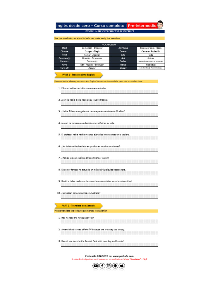 Lesson 11 - Presente Perfecto VS Pasado Perfecto | PDF
