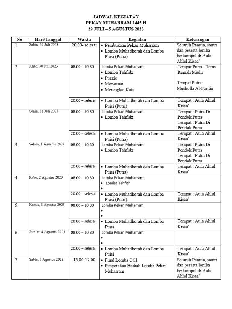 JADWAL KEGIATAN Muharram | PDF
