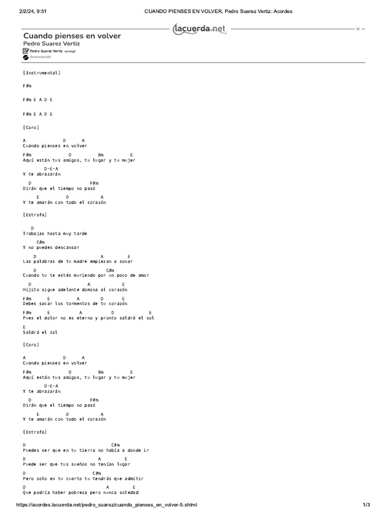 CUANDO PIENSES EN VOLVER, Pedro Suarez Vertiz - Acordes | PDF