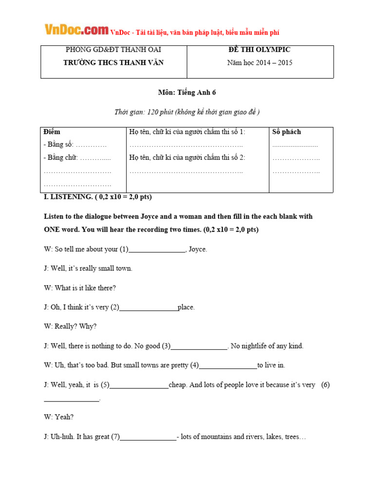 De Thi Olympic Tieng Anh Lop 6 | PDF | Lunch | Meal