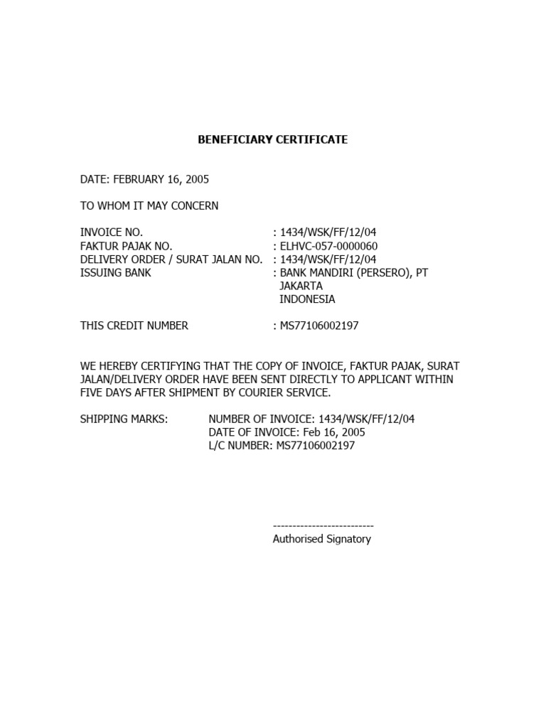 Beneficiary Certificate | PDF